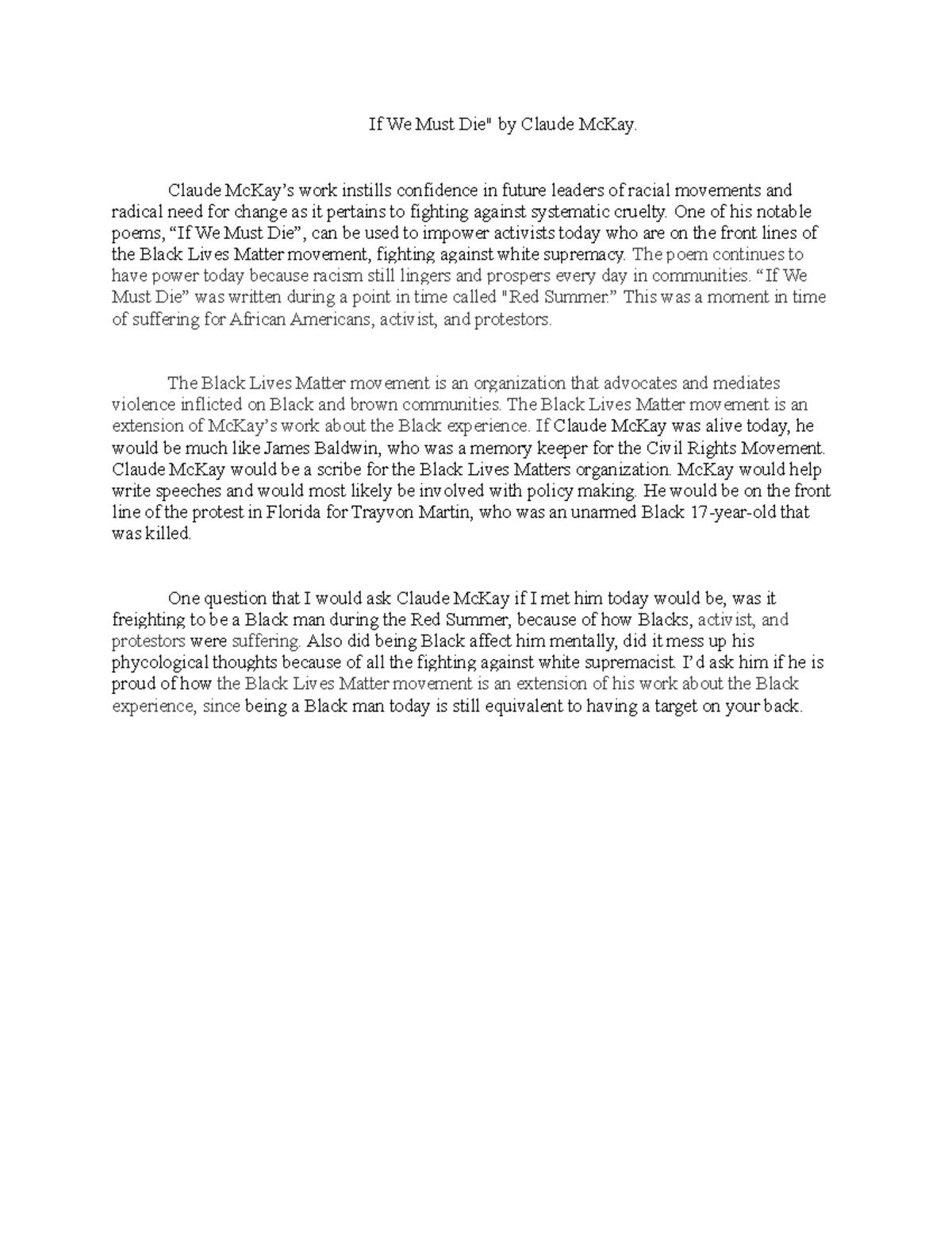 "If We Must Die" by Claude Mc Kay - If We Must Die" by Claude McKay ...