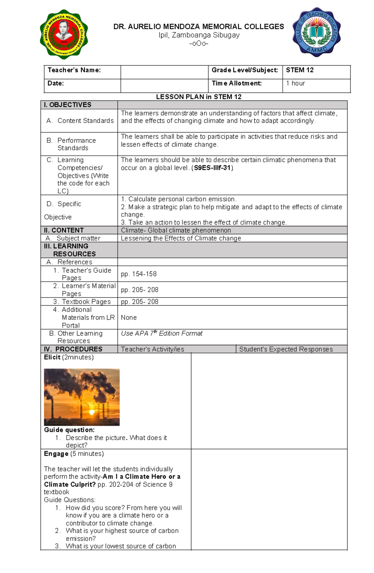Lesson Plan 7E Template - Ipil, Zamboanga Sibugay -oOo- Teacher’s Name ...