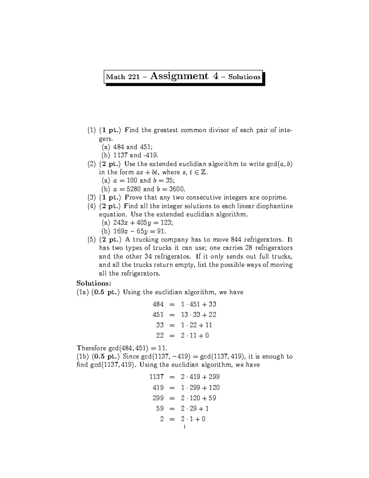 Math 221 Assignment 4 Solution - Math 221 –Assignment 4– Solutions (1 ...