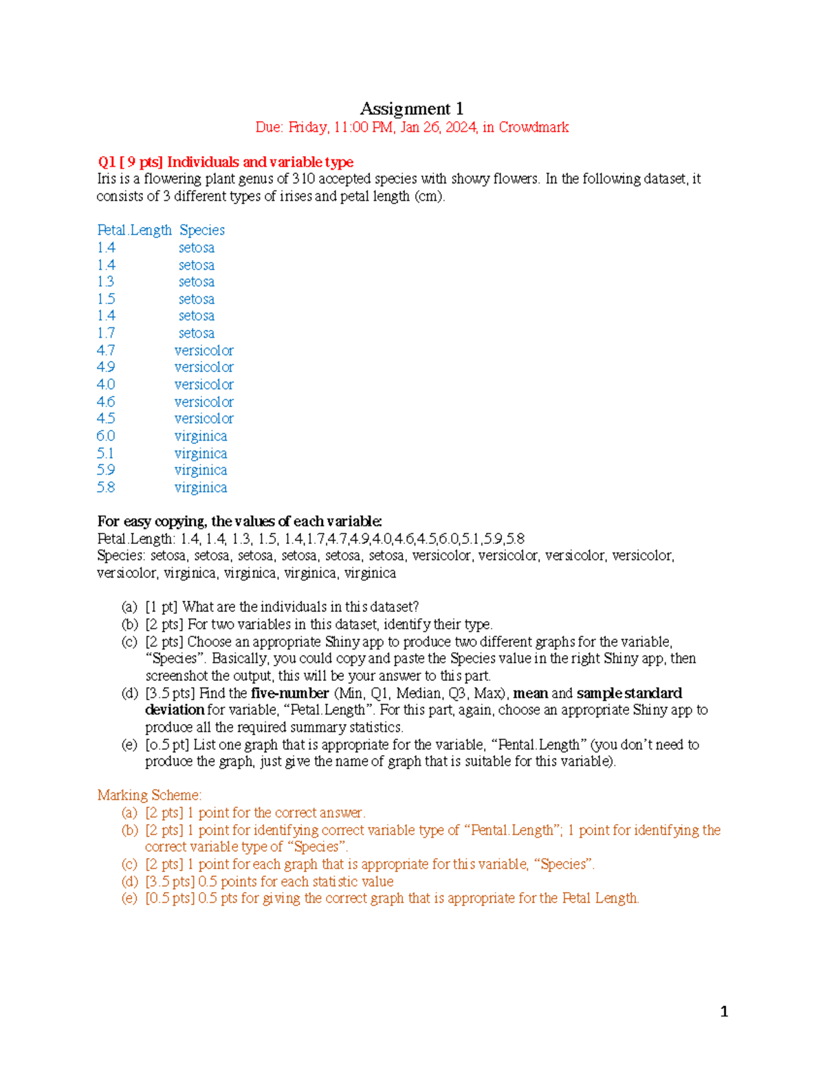 Assignment 1-Question - Assignment 1 Due: Friday, 11: 00 PM, Jan 26 , 2024 , in Crowdmark Q1 [ 9 ...