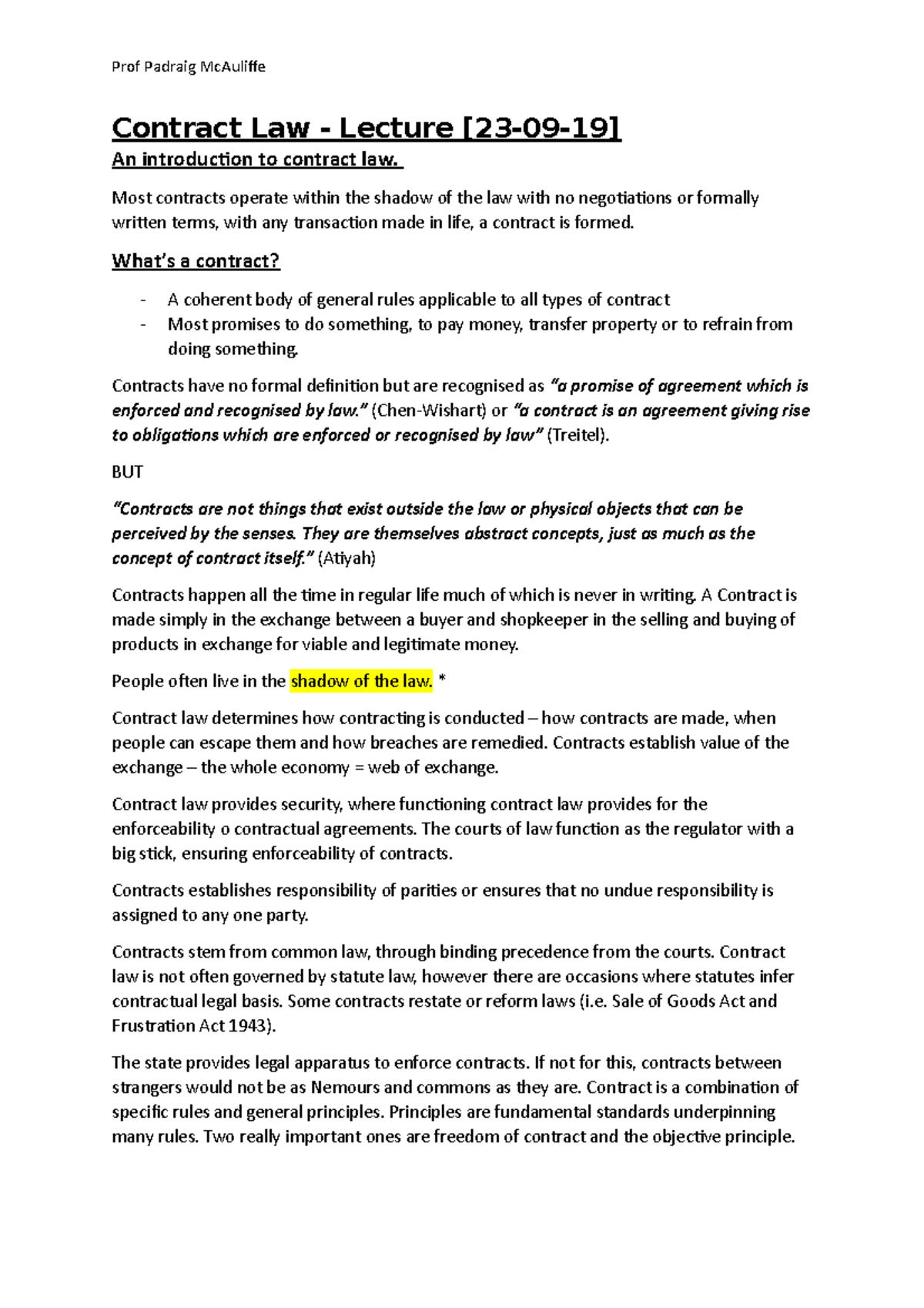 An introduction to Contract Law 23-09-19 - Prof Padraig McAuliffe ...