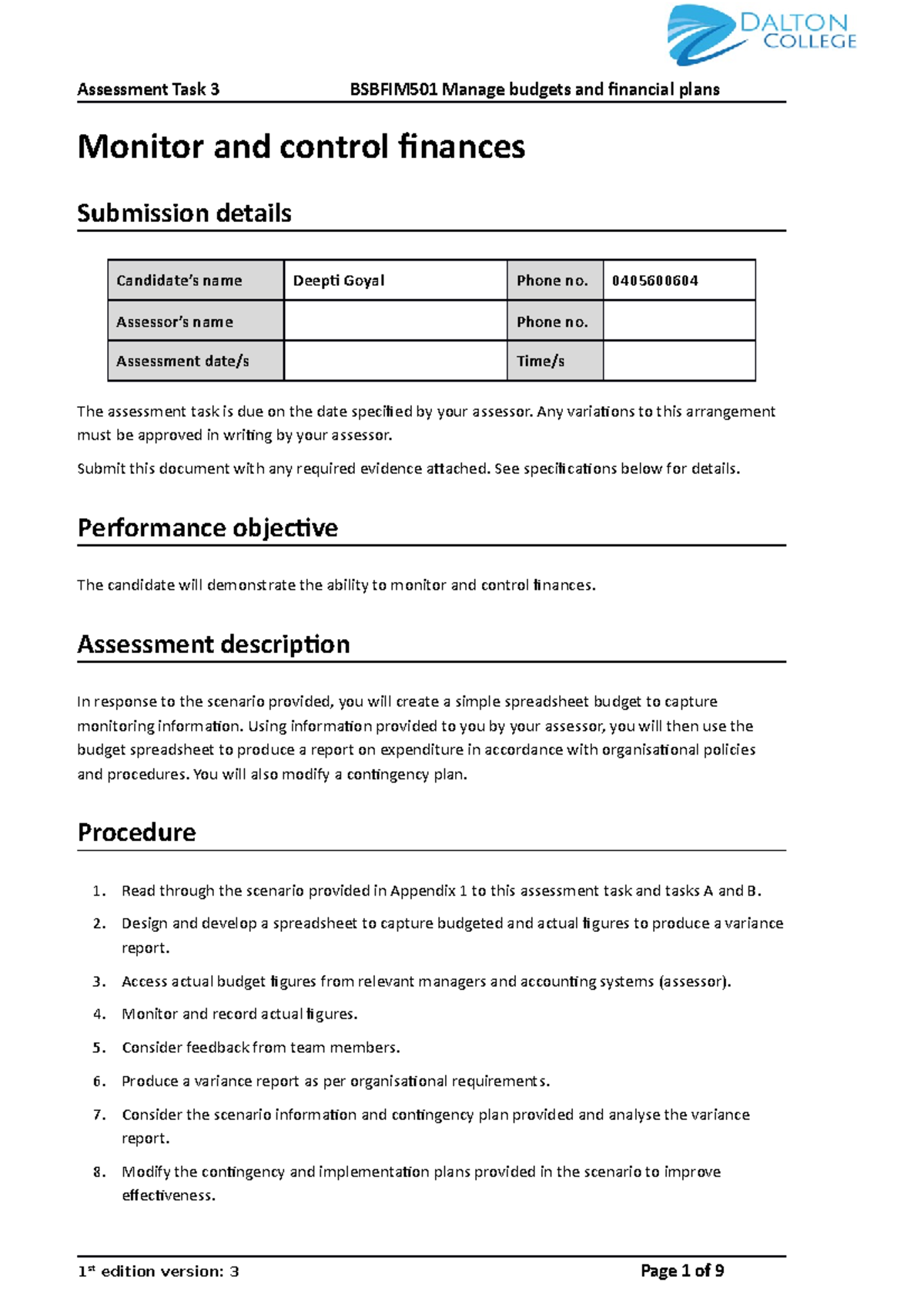 Assessment Task 3 Answer - Monitor and control finances Submission ...