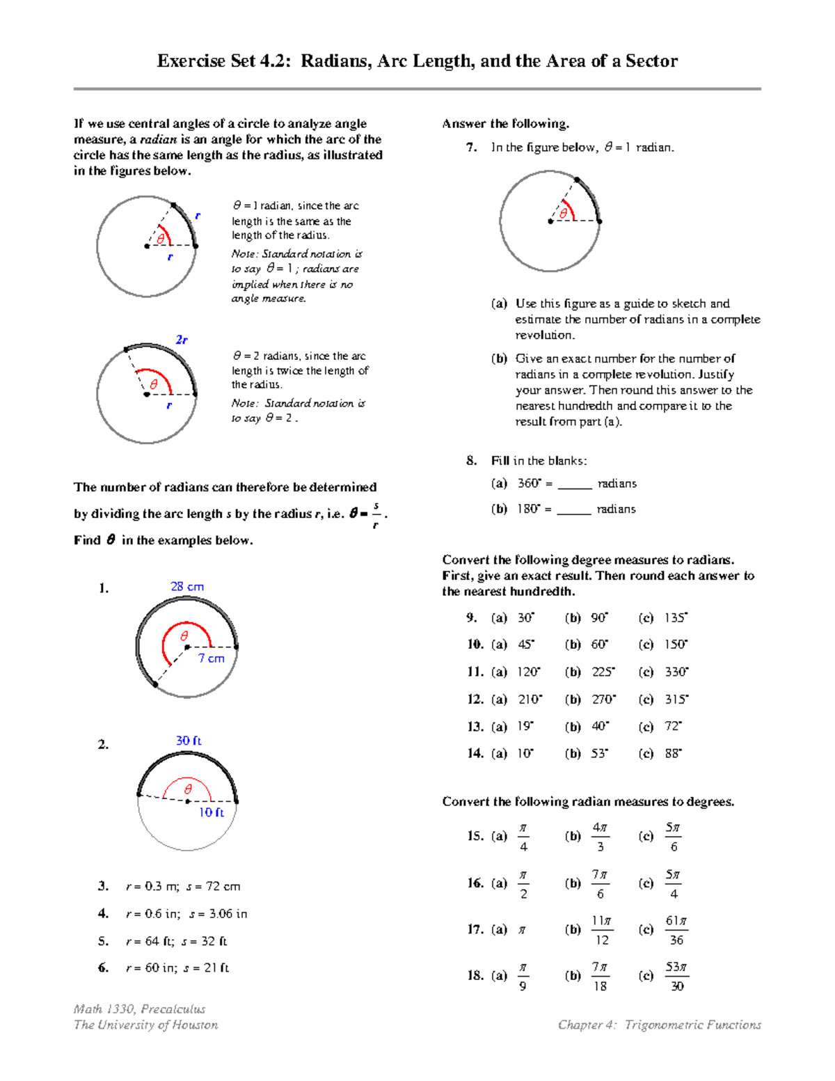 Radians, Arc Length-WS - The number of radians can therefore be ...