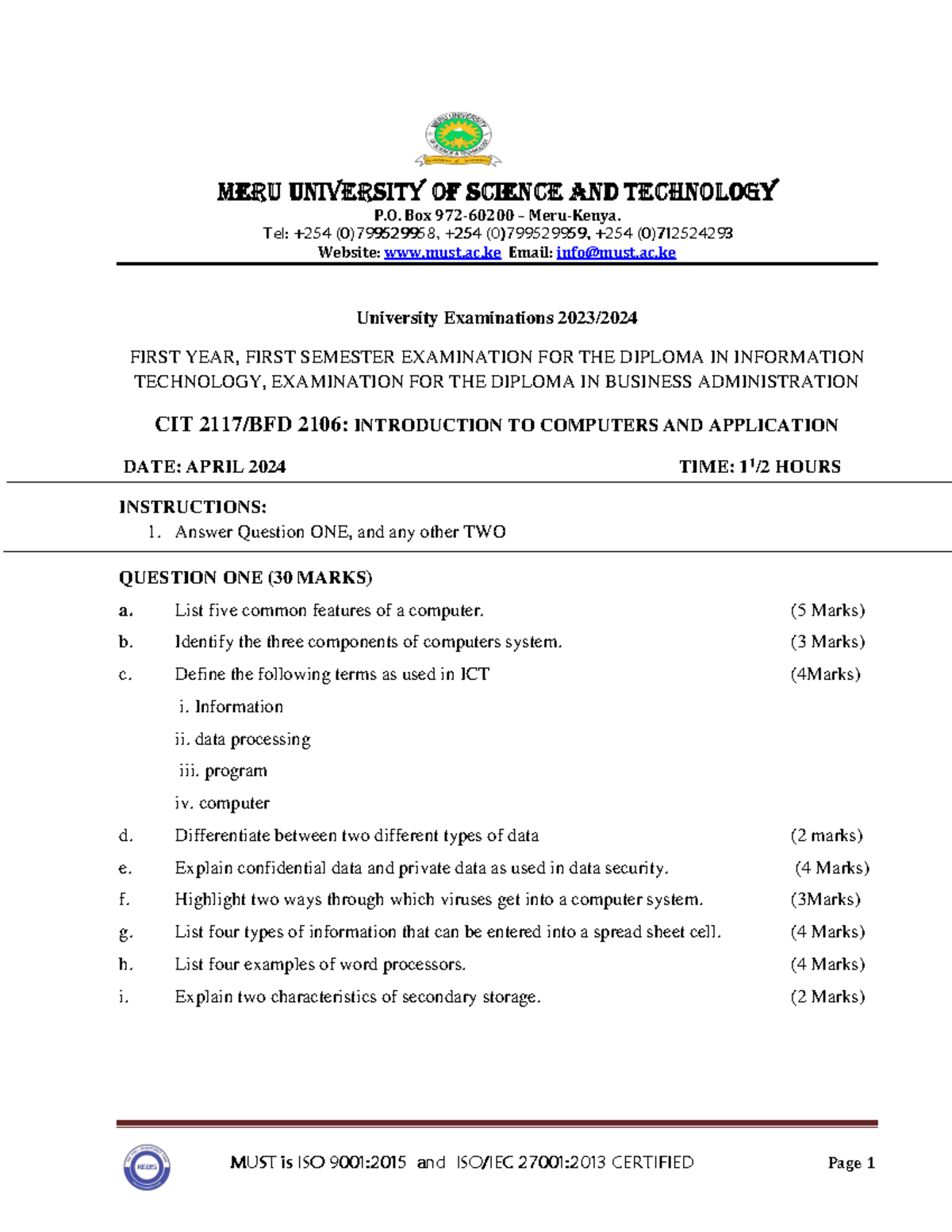 CIT 2117BFD 2106 Introduction TO Computers AND Application - MUST is ISO 9001:2015MUST is ISO ...