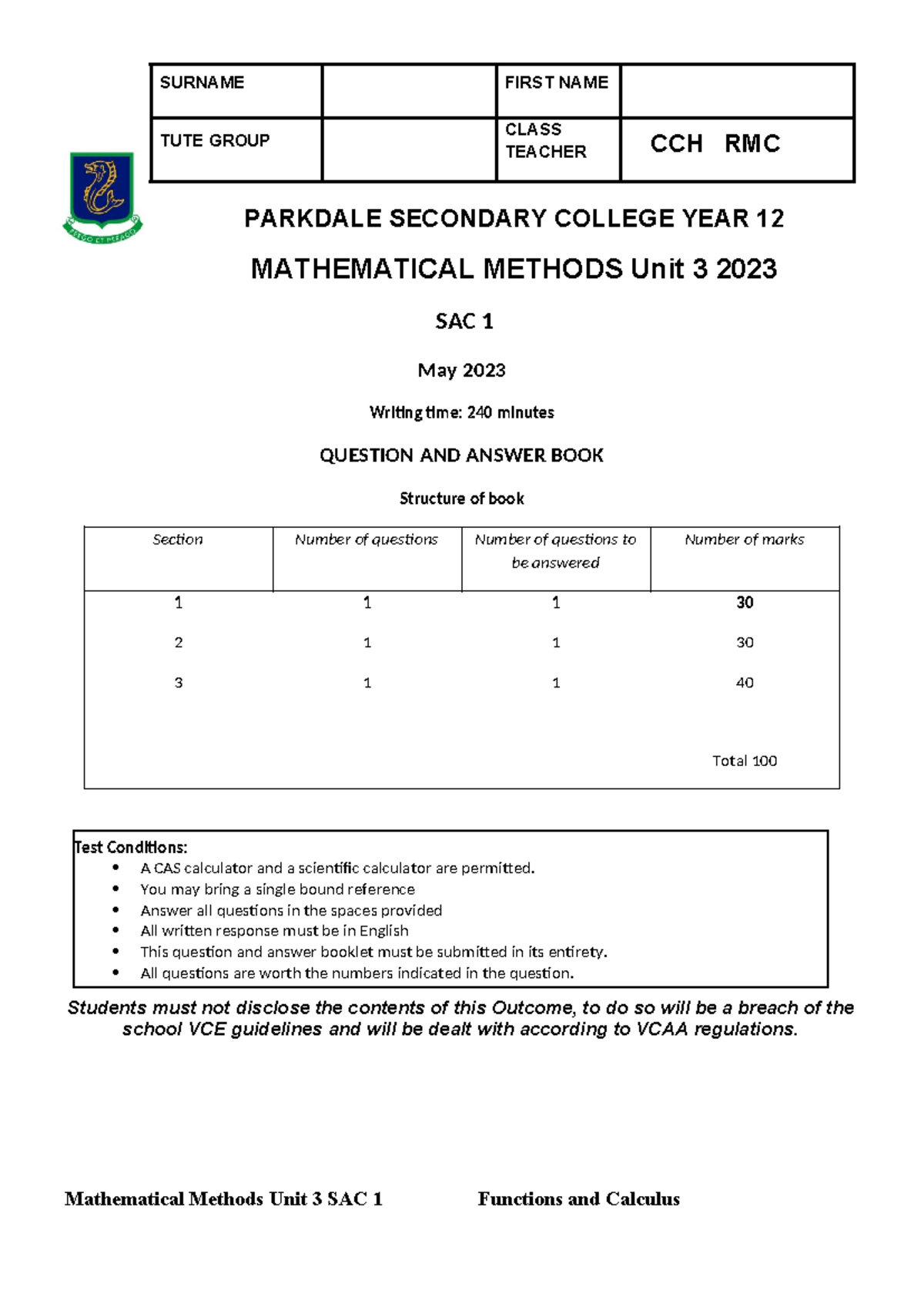 12MM SAC 1 Section 1 Functions 2023 - PARKDALE SECONDARY COLLEGE YEAR 12 MATHEMATICAL METHODS ...