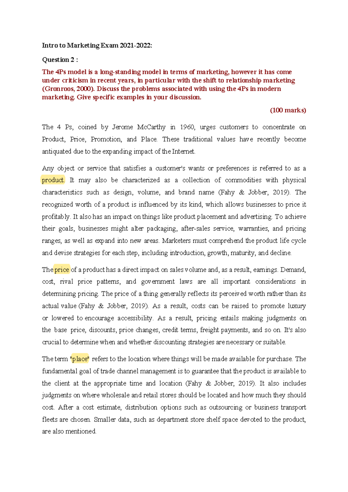 The 4Ps exam question sample answer - Intro to Marketing Exam 2021-2022 ...