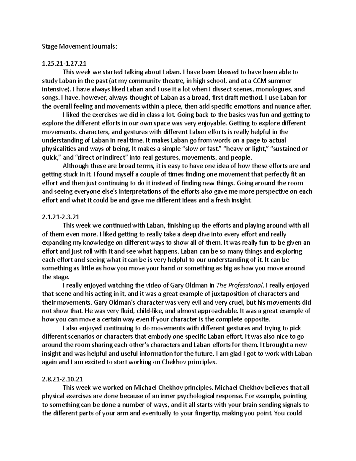 Stage Movement Journals - 25.21-1. This week we started talking about ...