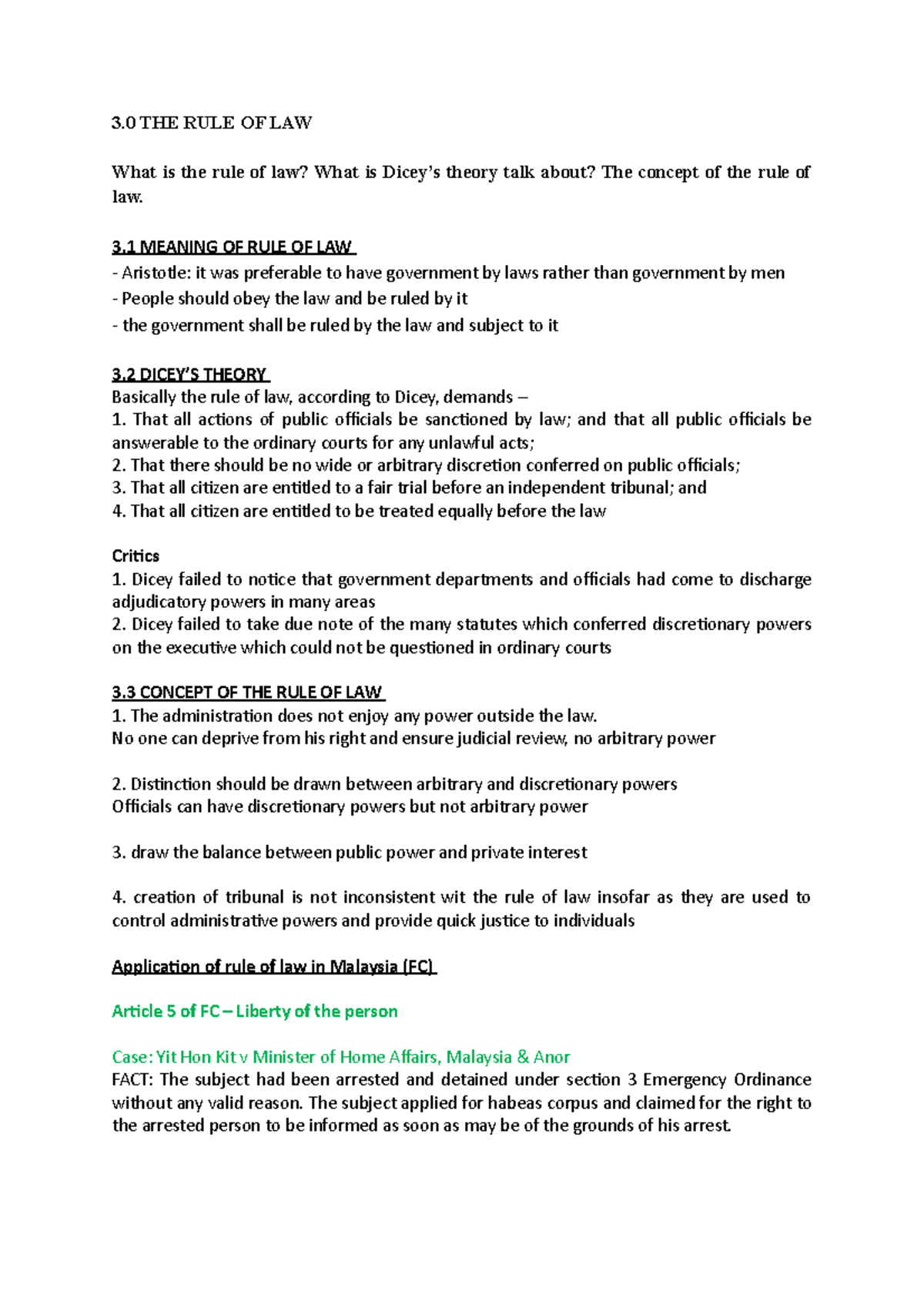 Topic 3 RULE OF LAW - Lecture notes 3 - 3 THE RULE OF LAW What is the ...