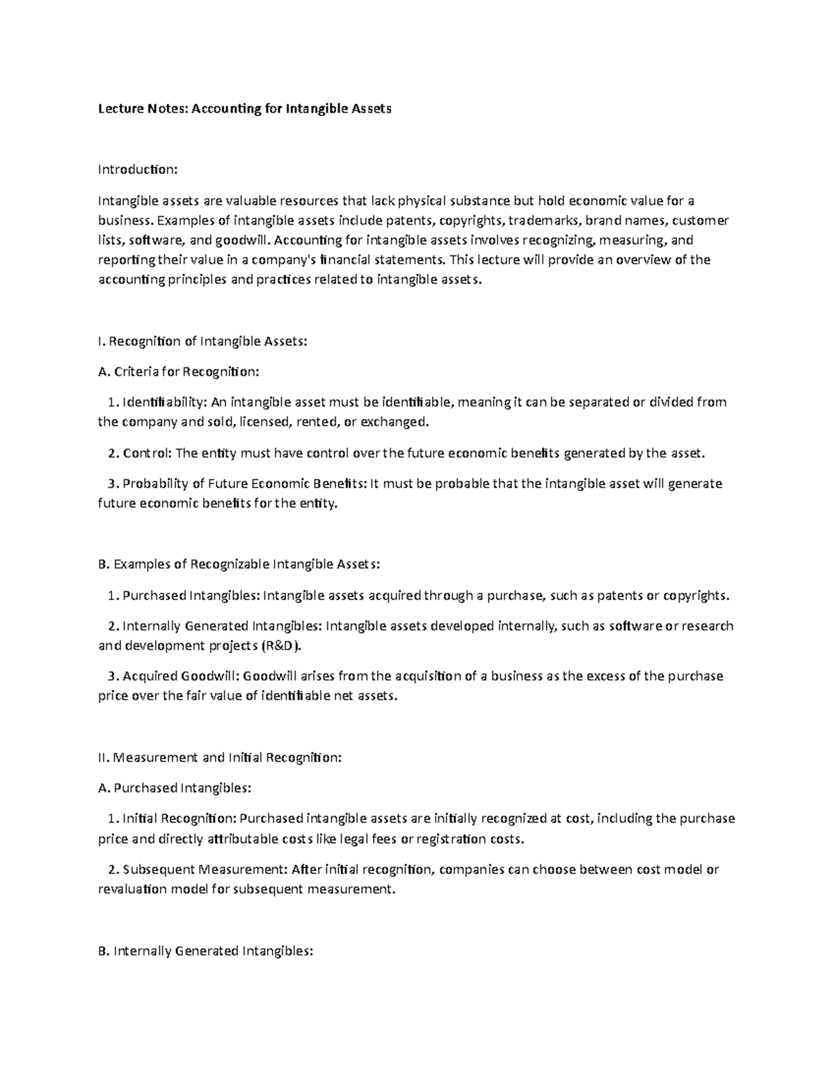 Lecture Notes: Accounting for Intangible Assets - Lecture Notes ...
