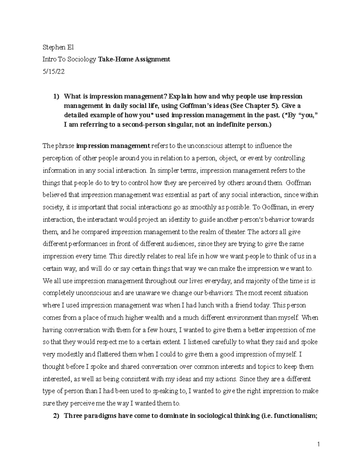 Sociology Take-Home Assignment 5 20 - Stephen El Intro To Sociology ...
