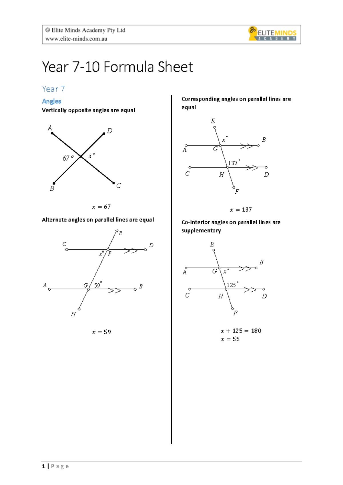 Year 7-10 Maths Formula Sheet - Year 7-10 Formula Sheet Year 7 Angles ...