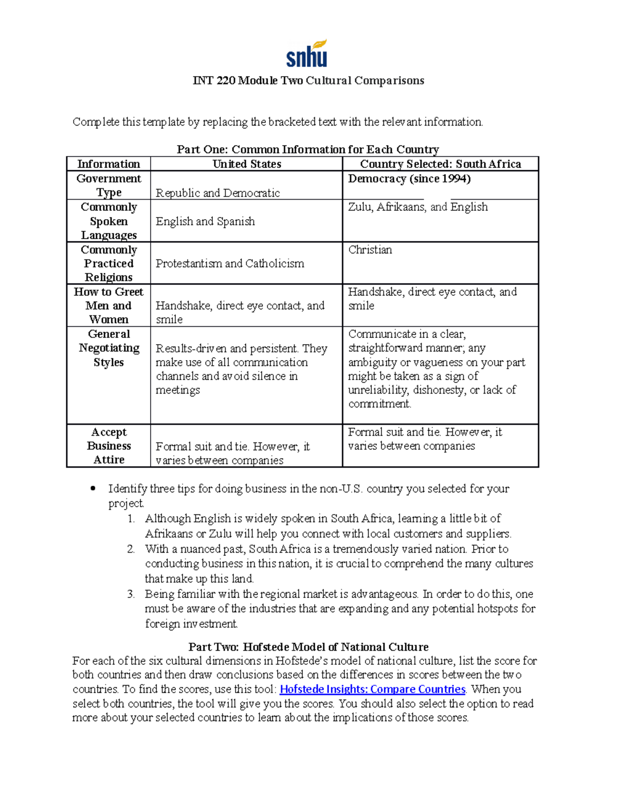 INT 220 Module Two Cultural Comparisons - INT 220 Module Two Cultural Comparisons Complete this ...