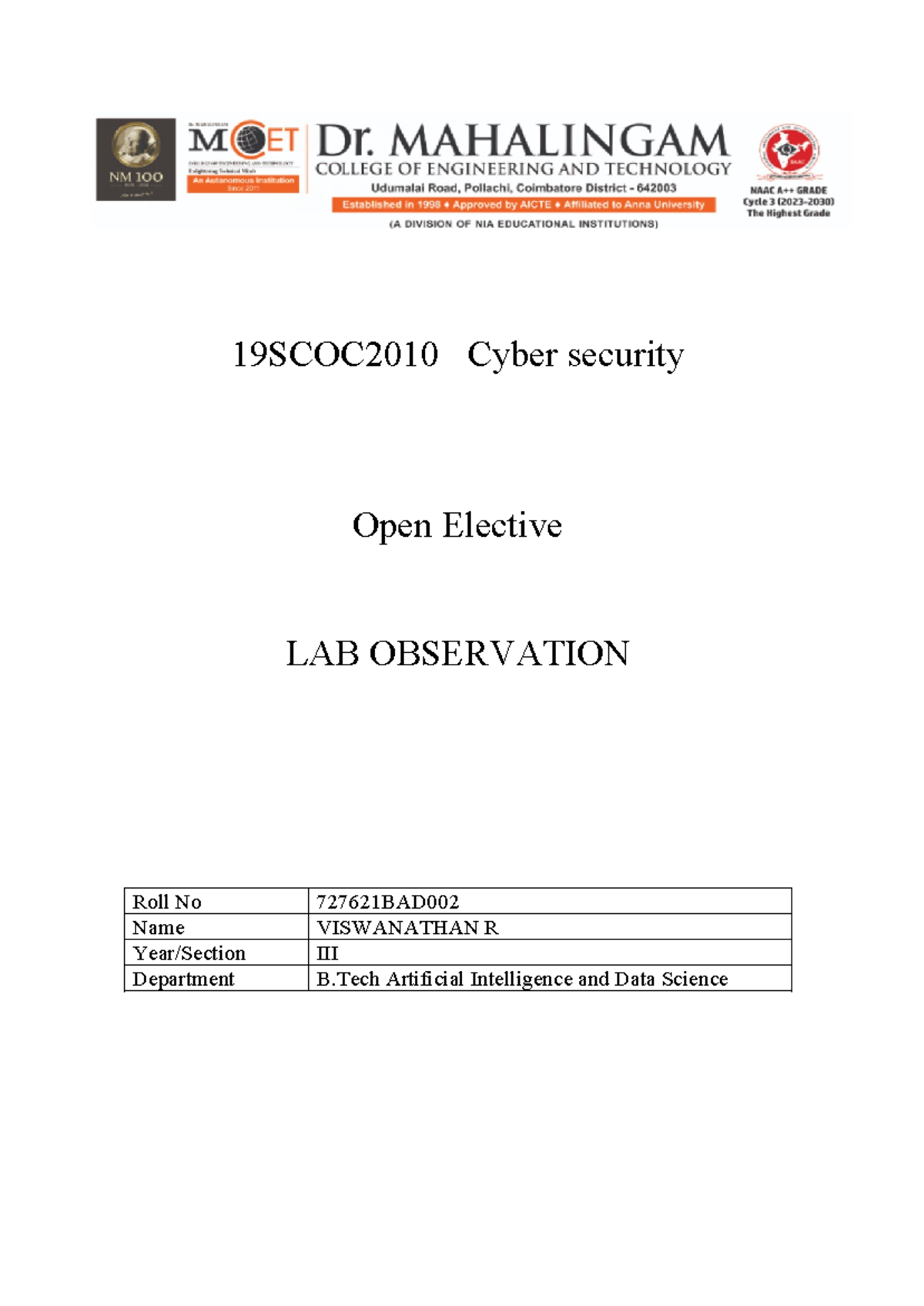Cyber - none - 19SCOC2010 Cyber security Open Elective LAB OBSERVATION ...