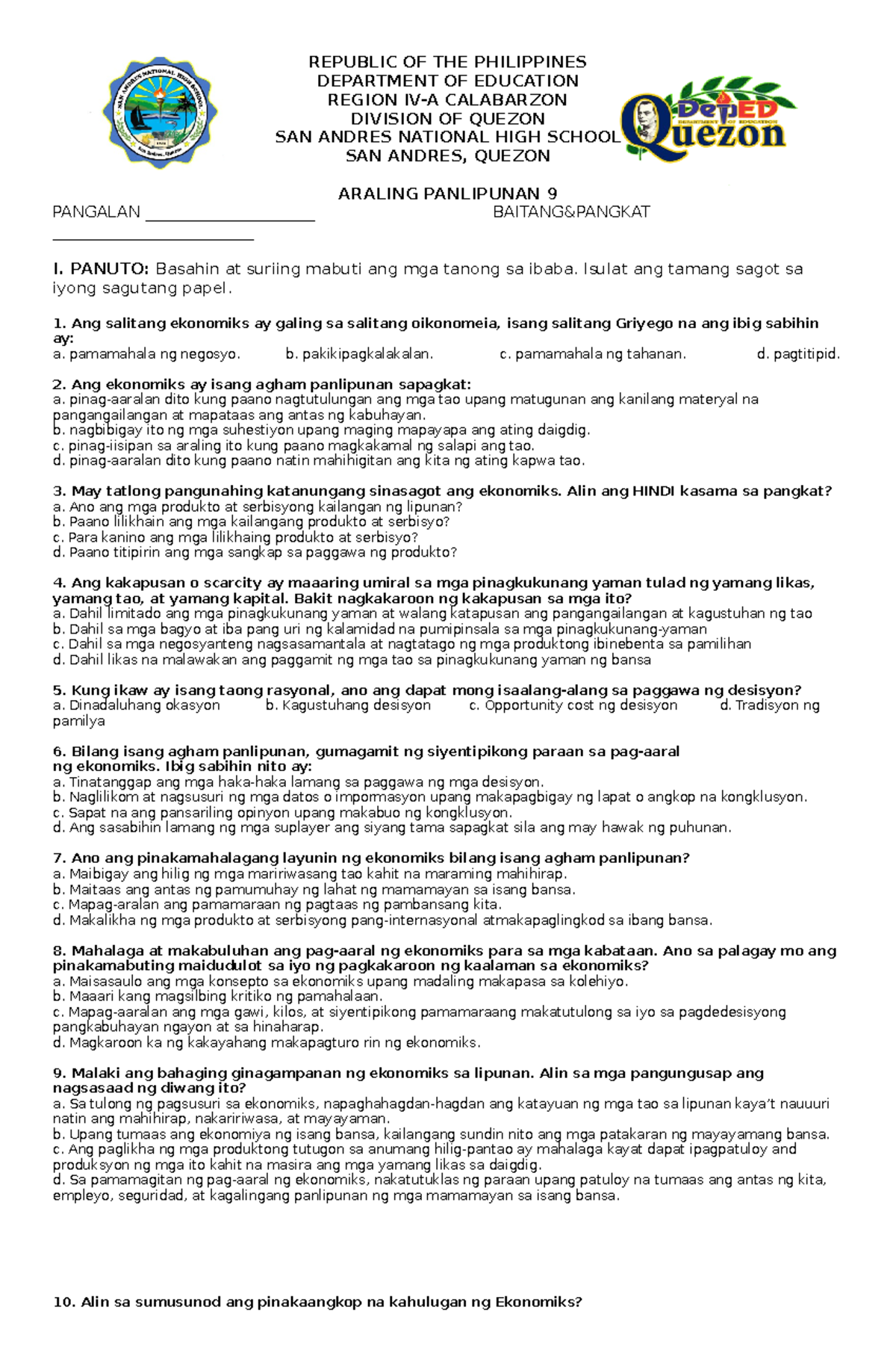 QUIZ 2 Topic 1-2 - AP9 - REPUBLIC OF THE PHILIPPINES DEPARTMENT OF EDUCATION REGION IV-A ...