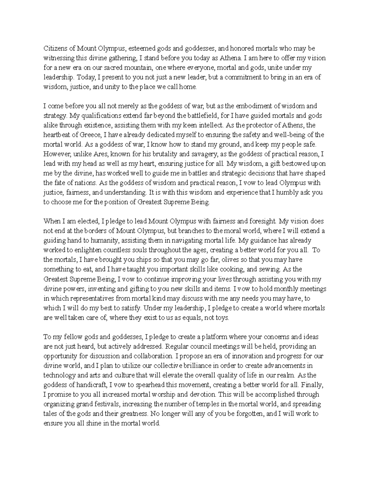 Athena Speech - Citizens of Mount Olympus, esteemed gods and goddesses ...