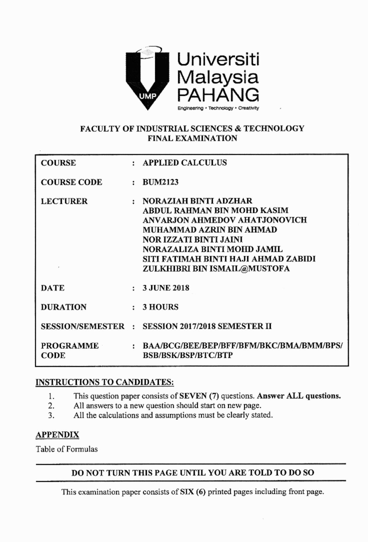 BUM2123 Applied Calculus S2 0818 - V Universiti Malaysia PAHANG ...