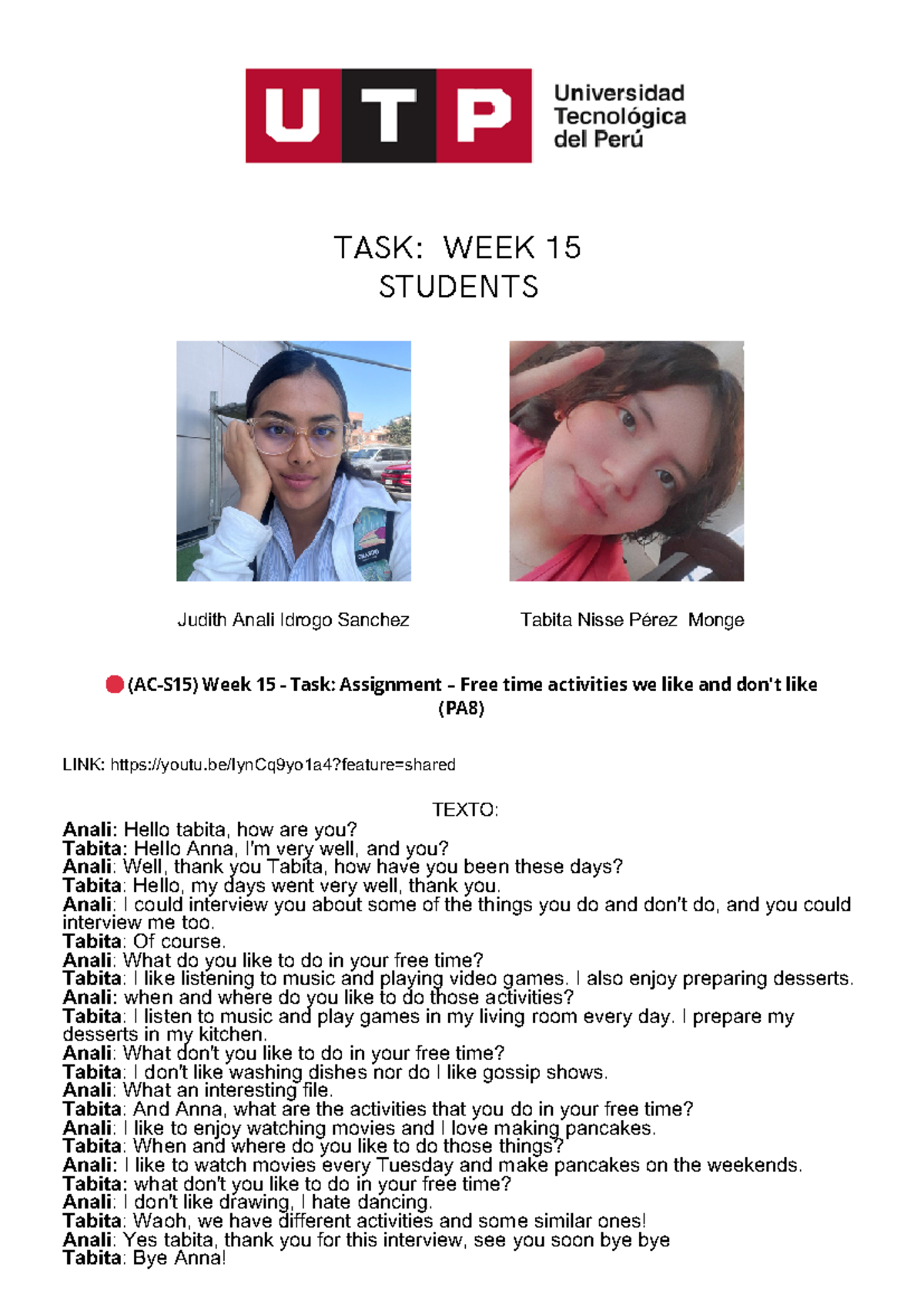 🔴 (AC-S15) Week 15 - Task Assignment – Free time activities we like and don't like (PA8) - Anali ...