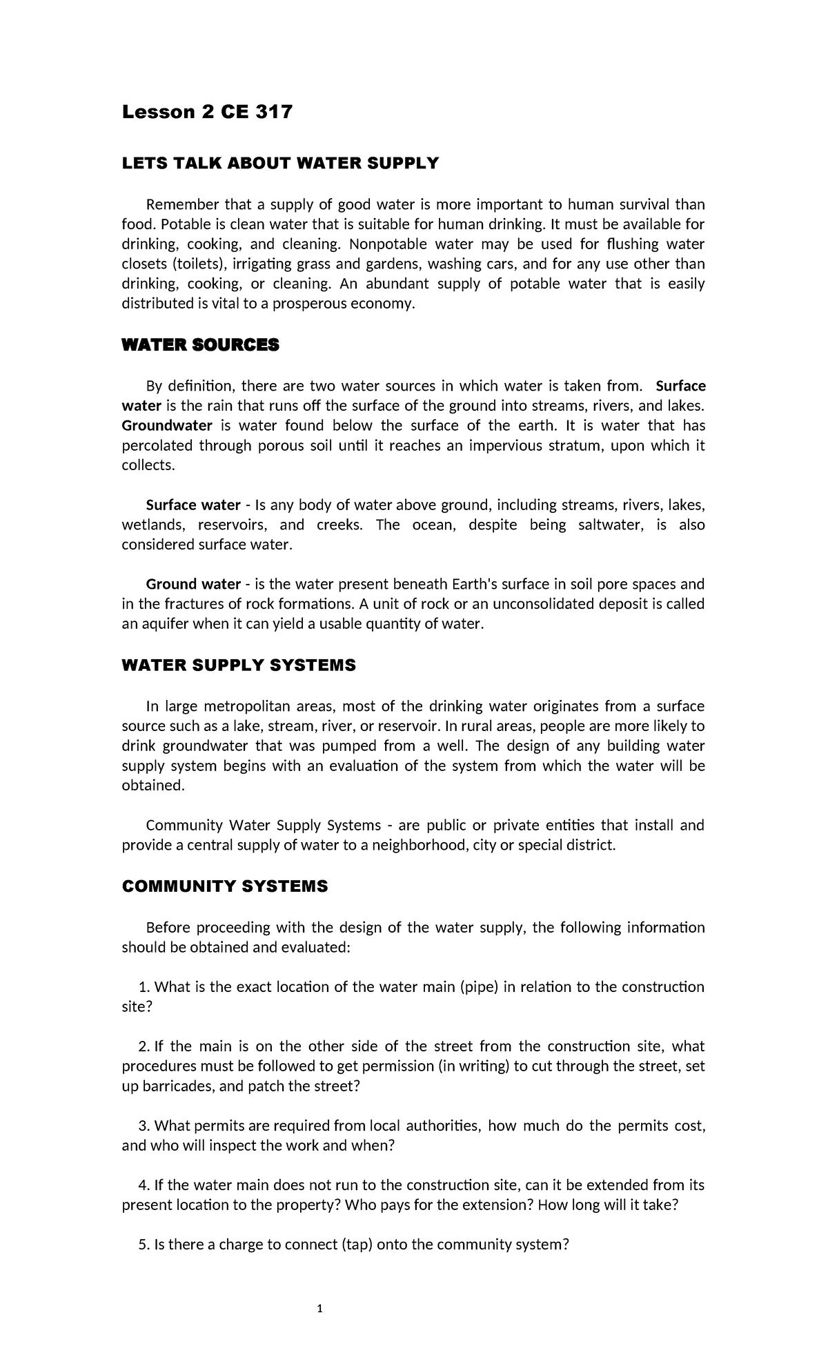 Lesson 2 CE 317 - All about plumbing - Lesson 2 CE 317 LETS TALK ABOUT ...