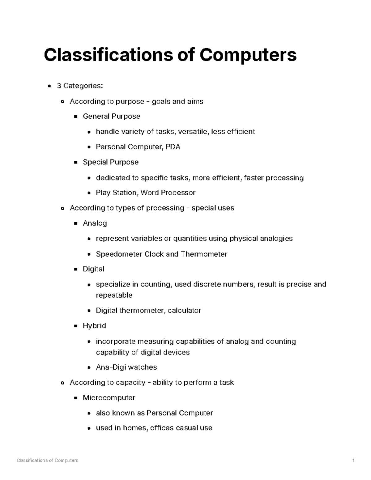 Classifications Of Computers Notes Classifications Of Computers 1