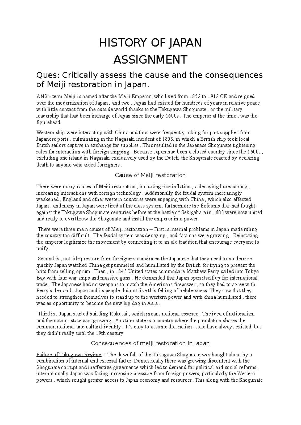 History of japan assignment - HISTORY OF JAPAN ASSIGNMENT Ques ...