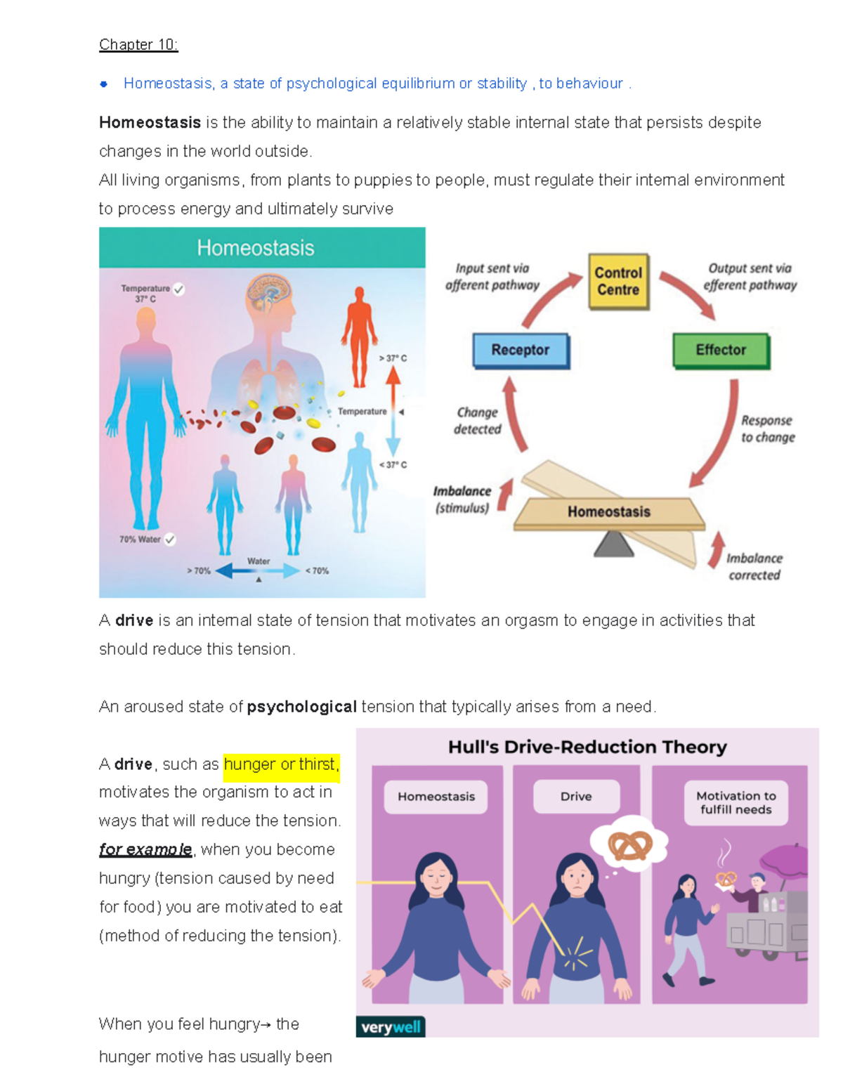 Psych Ch 10 2 - notes - Chapter 10: Homeostasis, a state of ...