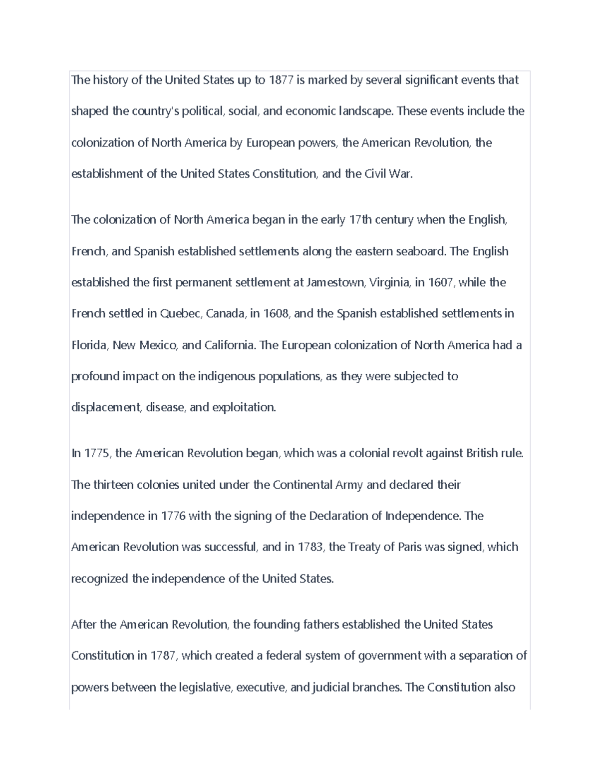 History up to 1877 Essay - The history of the United States up to 1877 ...