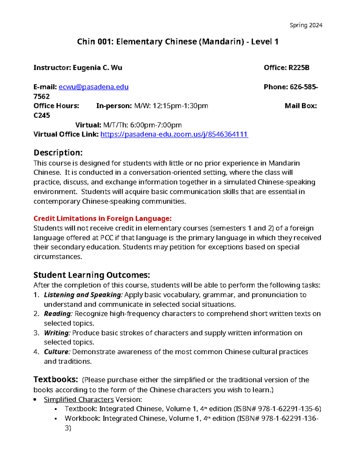 Syllabus (Spring 2024) - Chin 001: Elementary Chinese (Mandarin ...