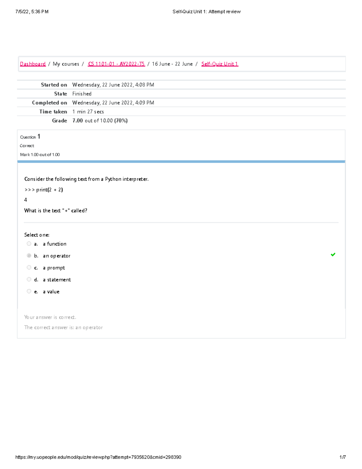 Self-Quiz Unit 1 review 3 - Started on Wednesday, 22 June 2022, 4:08 PM State Finished Completed ...