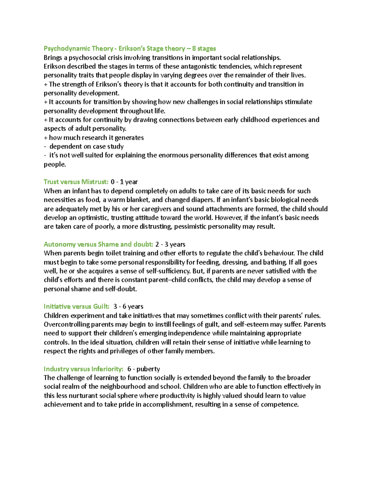 Theories of Development - Psychodynamic Theory - Erikson’s Stage theory ...