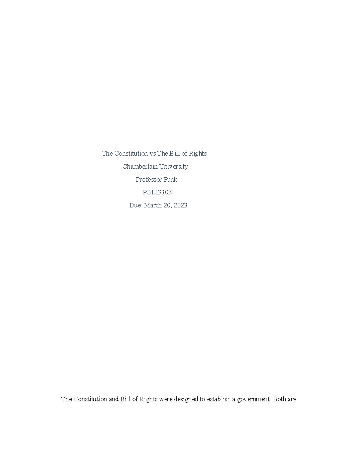Week 2 Political science paper - The Constitution vs The Bill of Rights ...