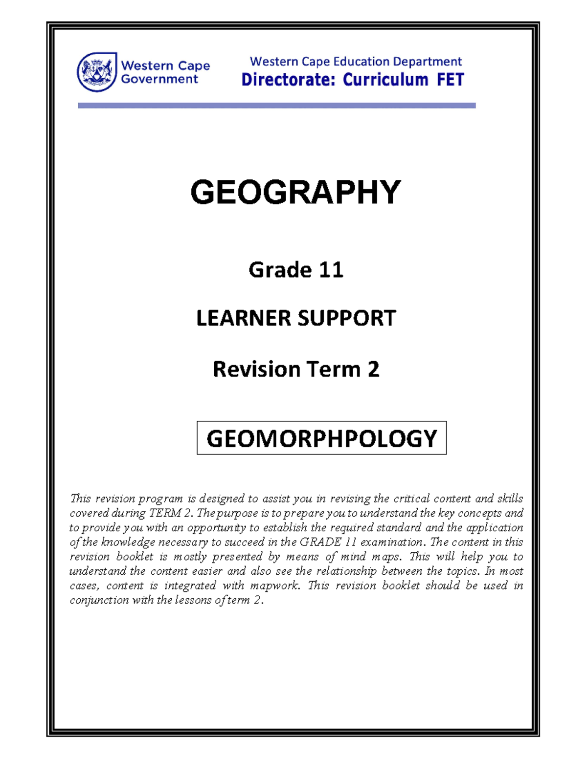 Geography Grade 11 Revision Term 2 - GEOMORPHPOLOGY GEOGRAPHY Grade 11 ...