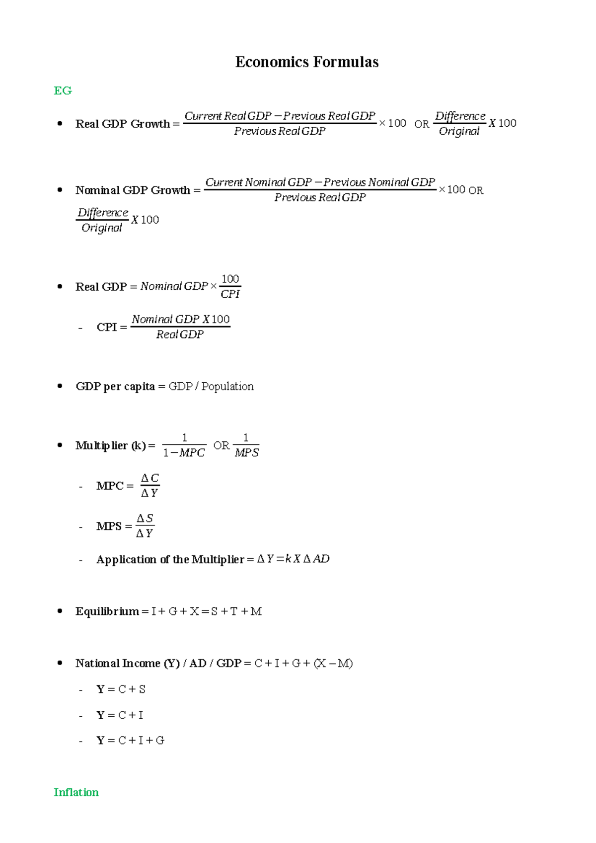 Formulas - uesssss - Economics Formulas EG Real GDP Growth = Current ...