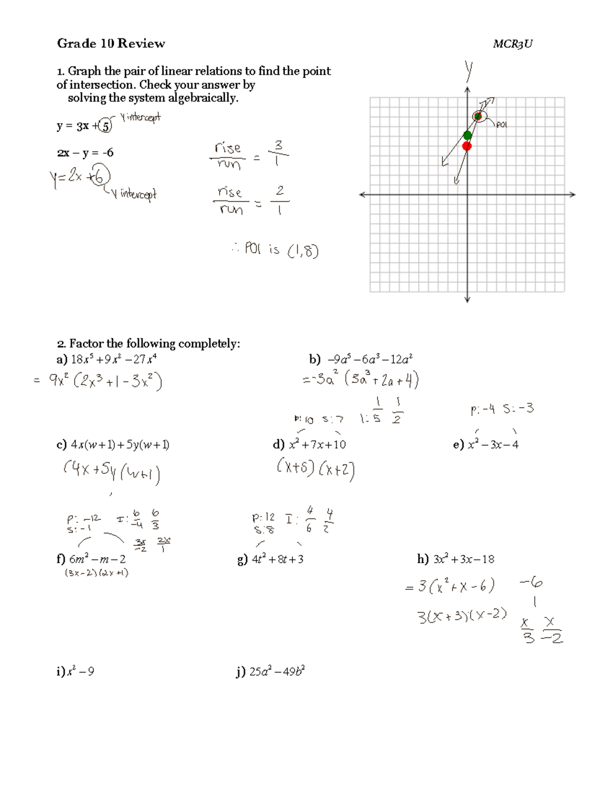 Grade 10 Review - Grade 10 Review MCR3U 1. Graph the pair of linear ...