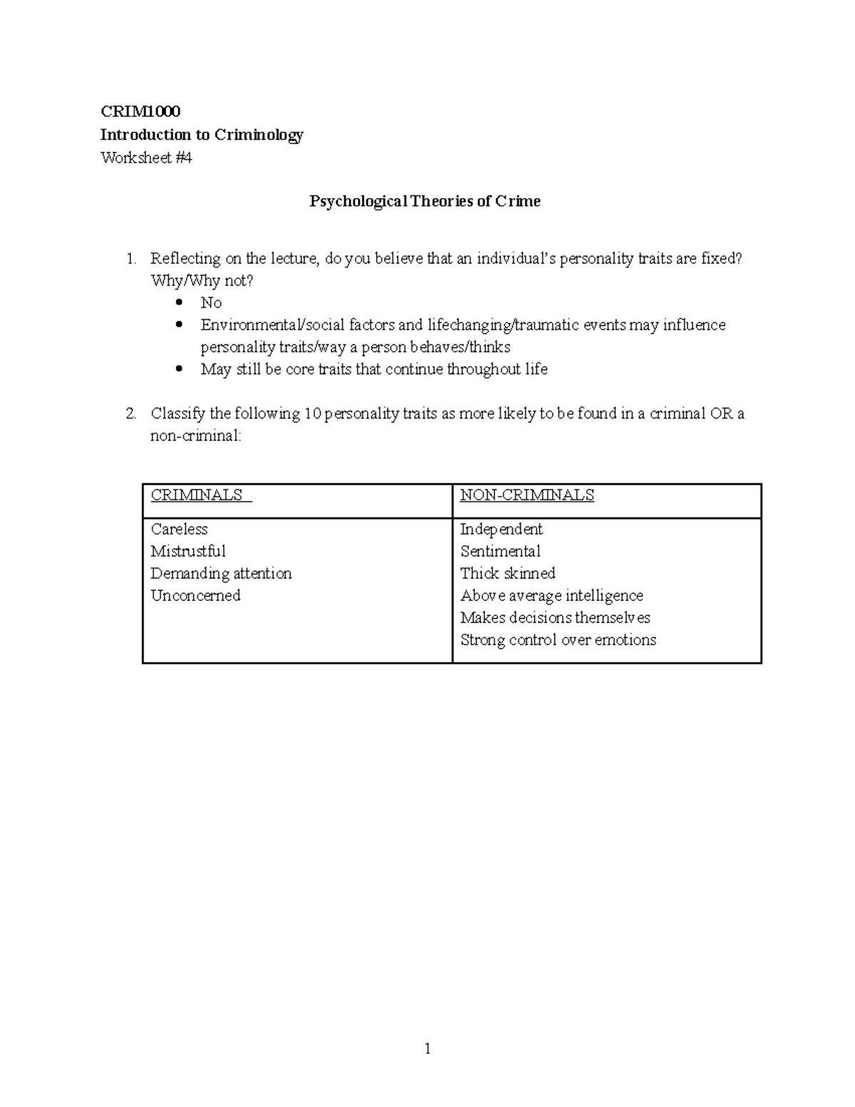 Tutorial Worksheet #4 - CRIM Introduction to Criminology Worksheet ...
