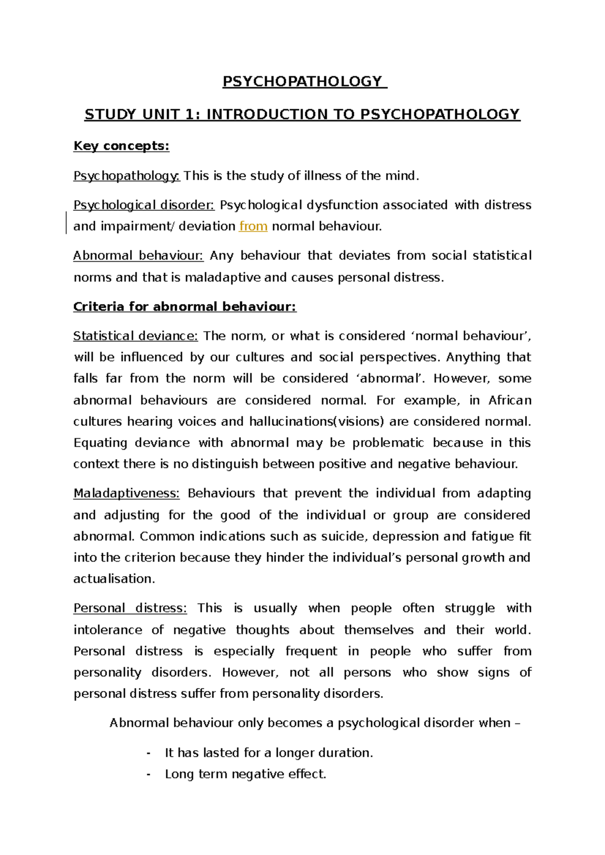 PSYC 311 Notes SU1 - helpful - PSYCHOPATHOLOGY STUDY UNIT 1 ...
