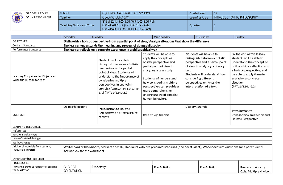 WEEK 1 - DLL - GRADES 1 TO 12 DAILY LESSON LOG School OQUENDO NATIONAL ...