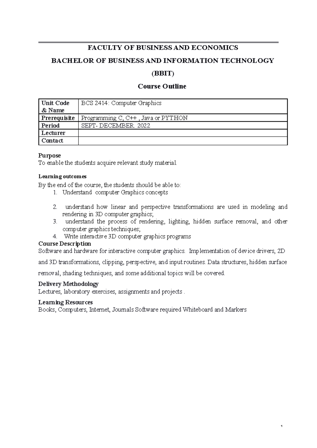 BCS2414 BBIT Comp Graphics Course Outline SEPT 2022 - - Studocu