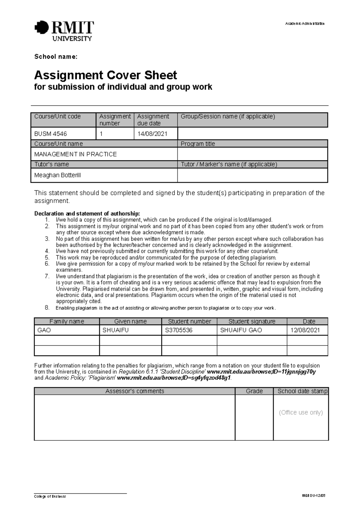 Coversheet - Lecture notes 1,2 - Academic Administration School name ...