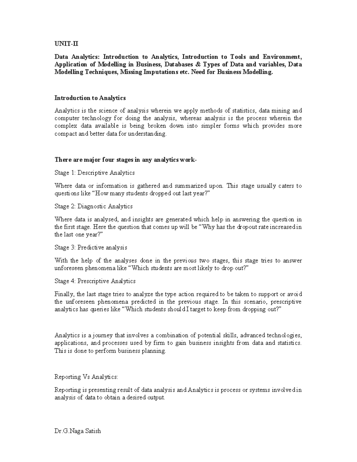 Data Analytics Unit Ii Unit Ii Data Analytics Introduction To Analytics Introduction To