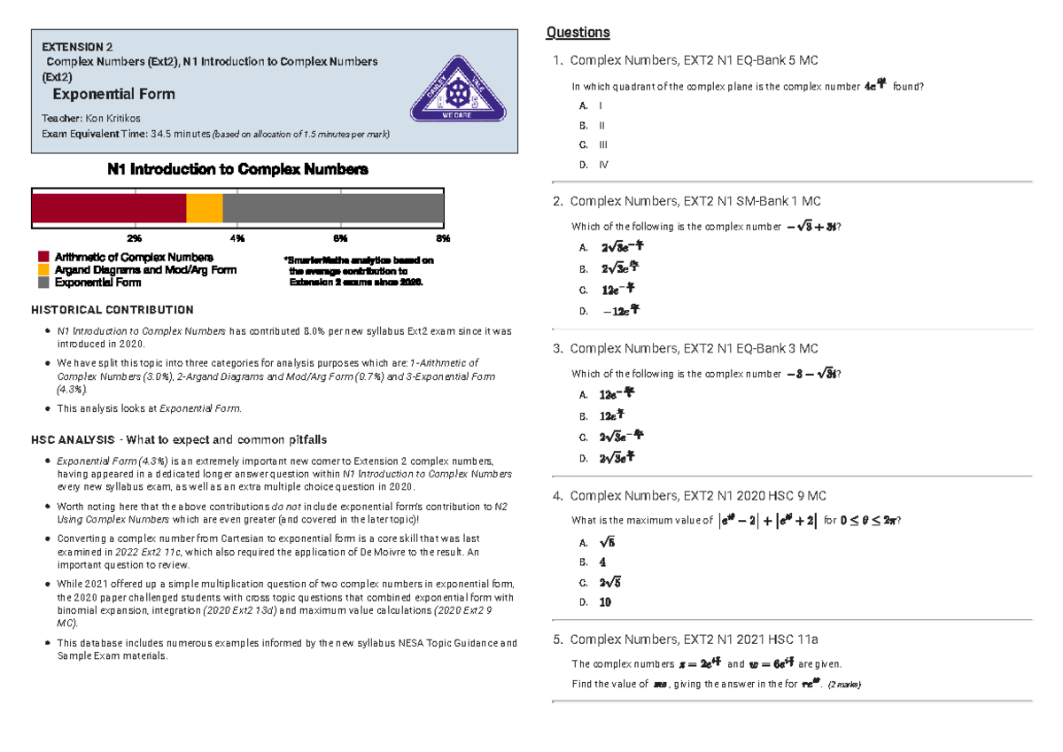 Complex numbers past HSC 3 - EXTENSION 2 Complex Numbers (Ext2), N1 ...