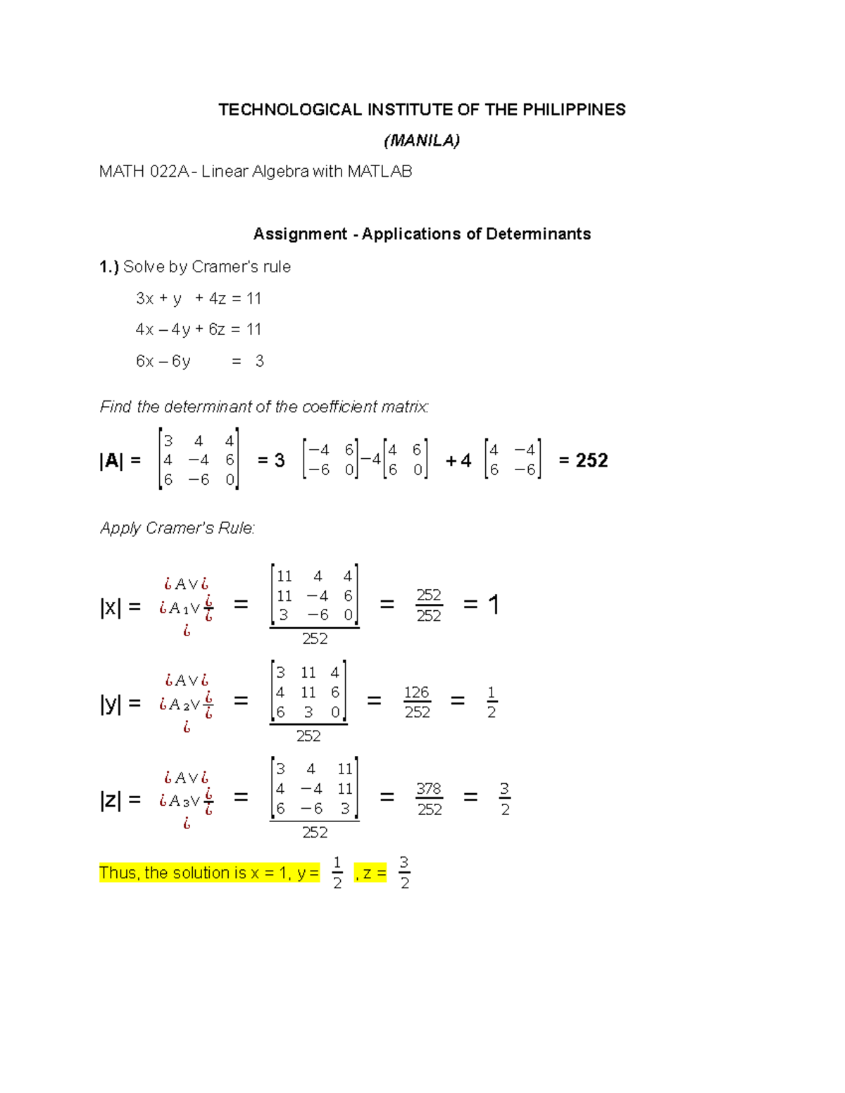 Applications of Determinants - Linear Algebra With Matlab - TIP - Studocu