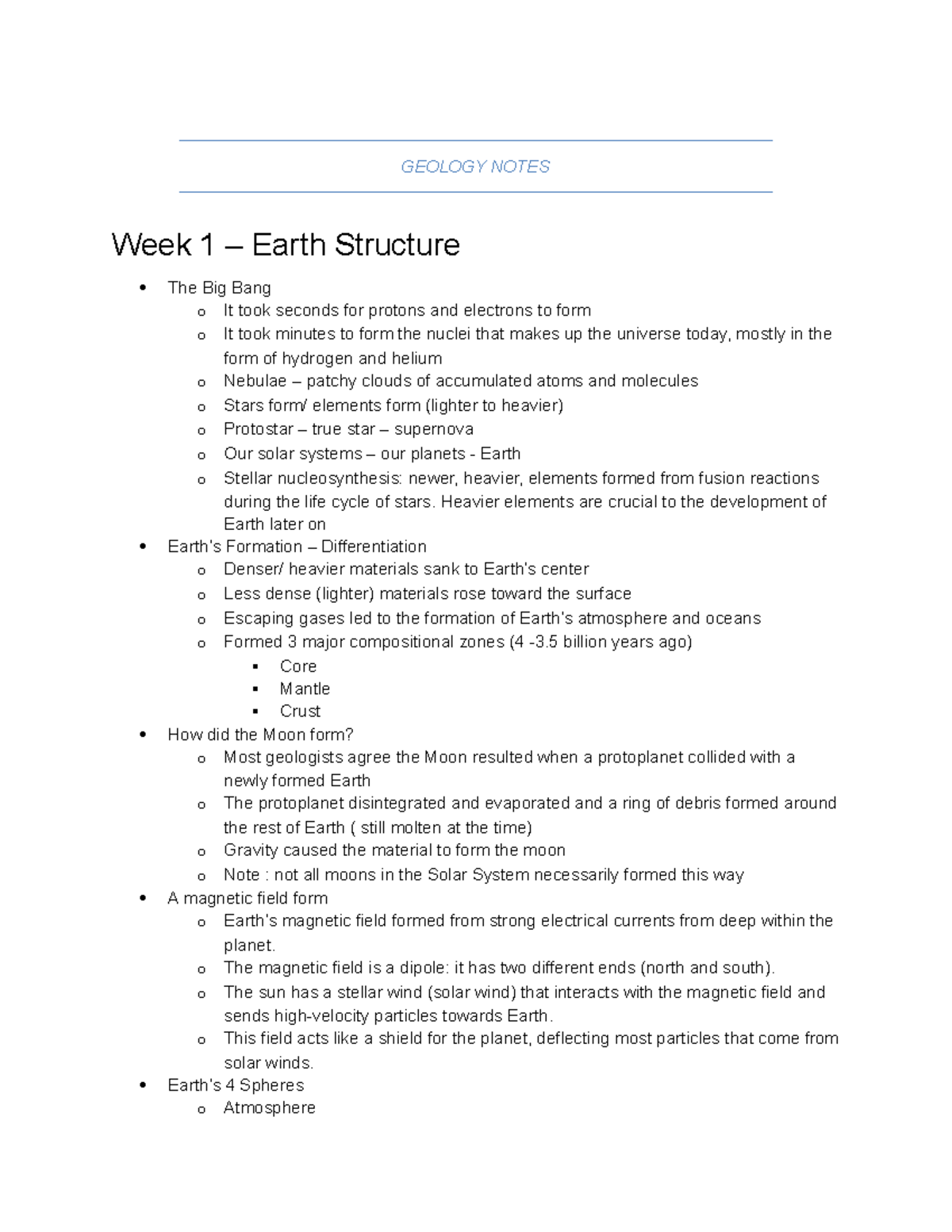 Geology Notes - GEOLOGY NOTES Week 1 – Earth Structure The Big Bang o ...