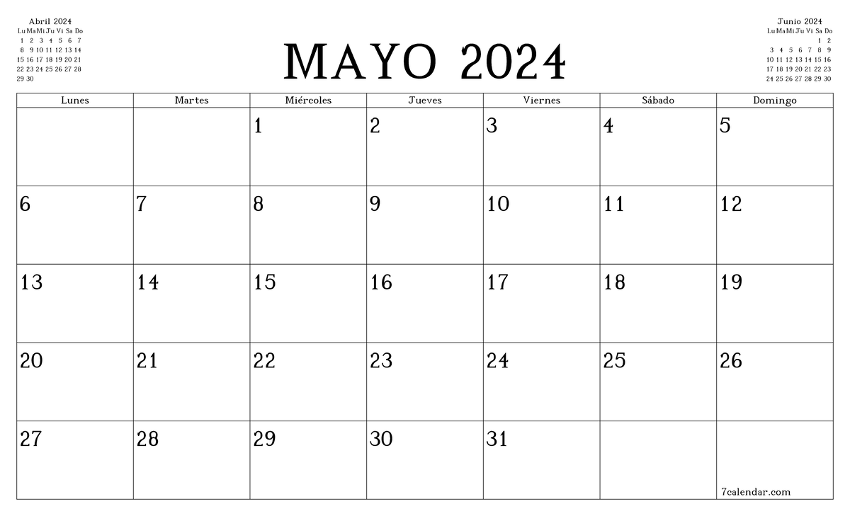Calendario mayo - 1153 - Abril 2024 Junio 2024 Lu MaMiJu Vi Sa Do Lu ...