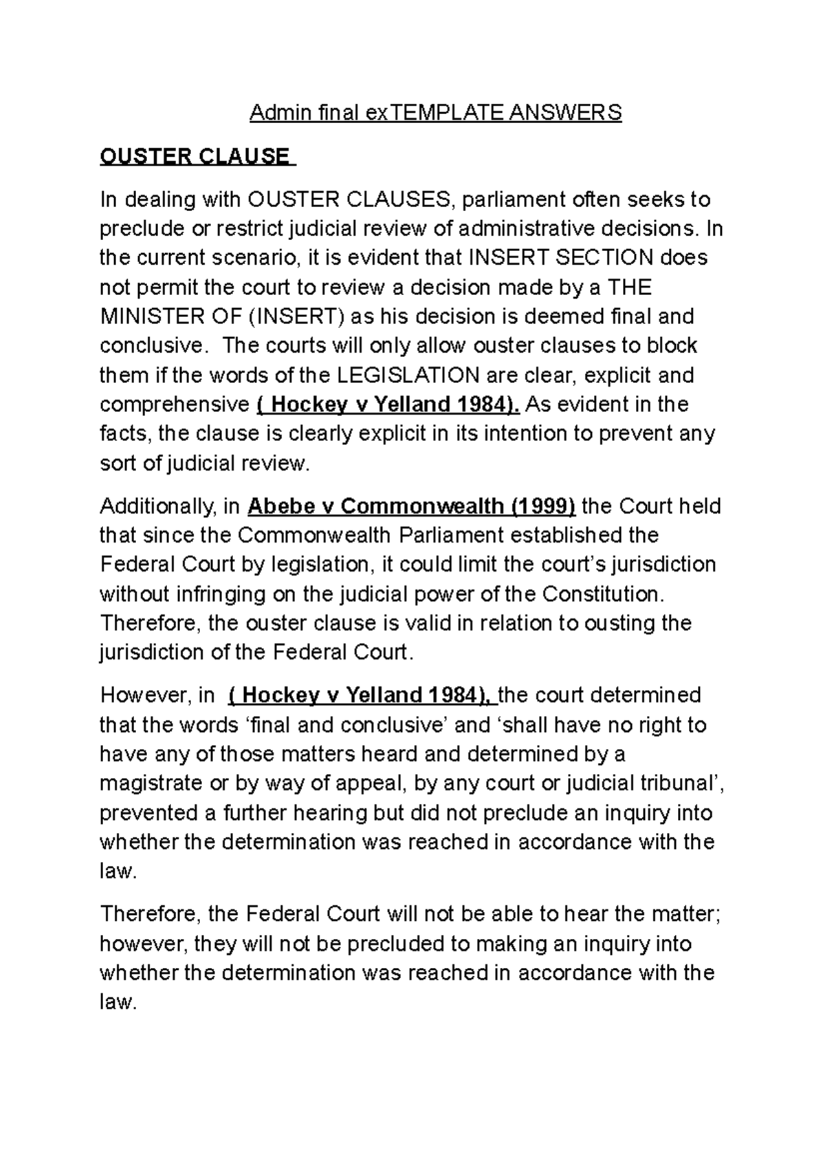 Template Answers - Admin final exTEMPLATE ANSWERS OUSTER CLAUSE In ...