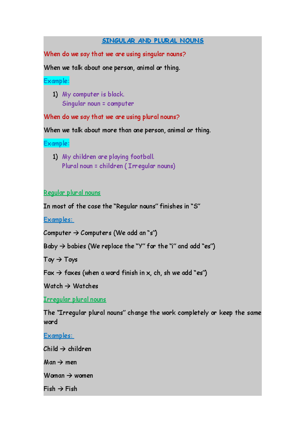 Singular AND Plural Nouns for beginners - SINGULAR AND PLURAL NOUNS ...
