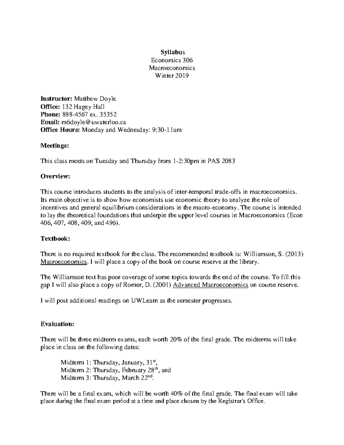 Econ 306 Macroeconomics Syllabus Economics 306 Macroeconomics Winter