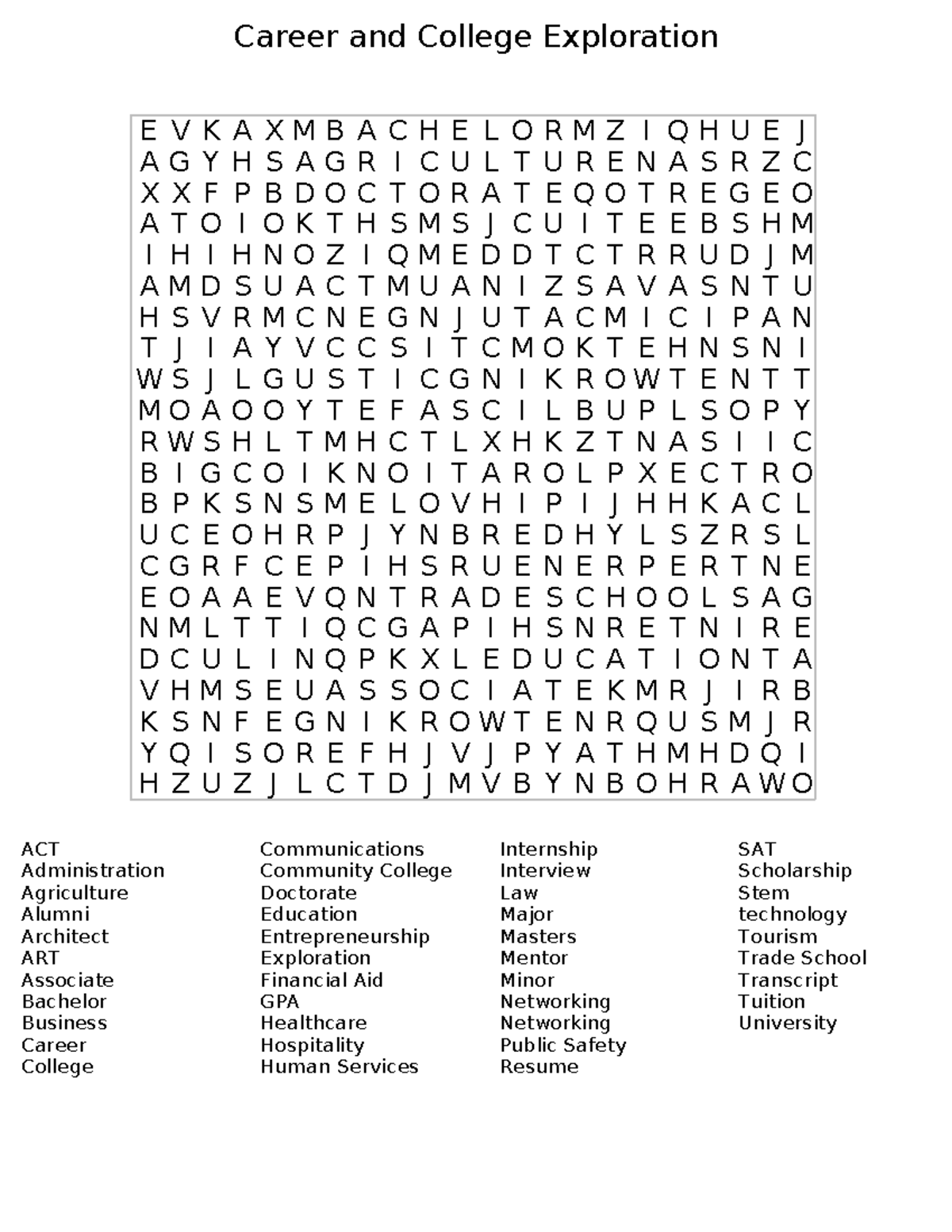 Careerand College Exploration Word Search HARD-1 - Career and College ...
