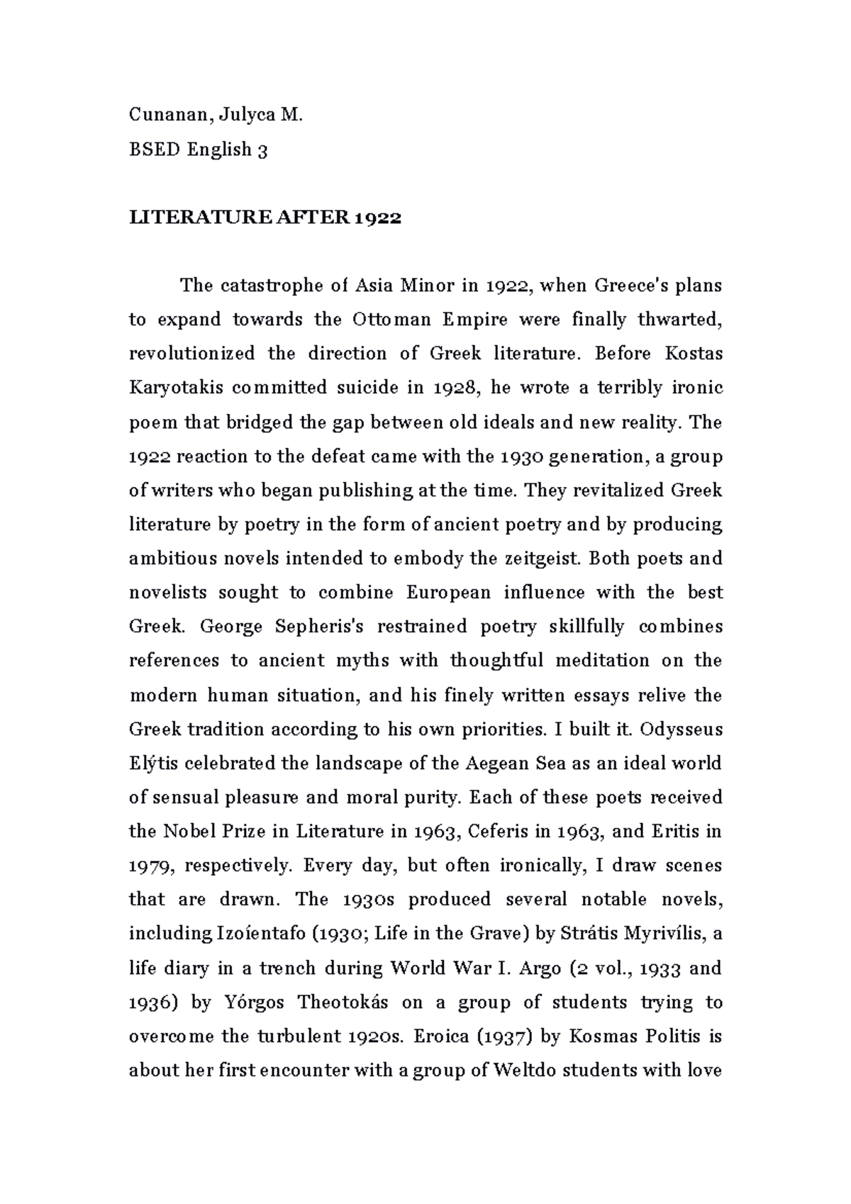 Literature After 1922 - Cunanan, Julyca M. BSED English 3 LITERATURE ...