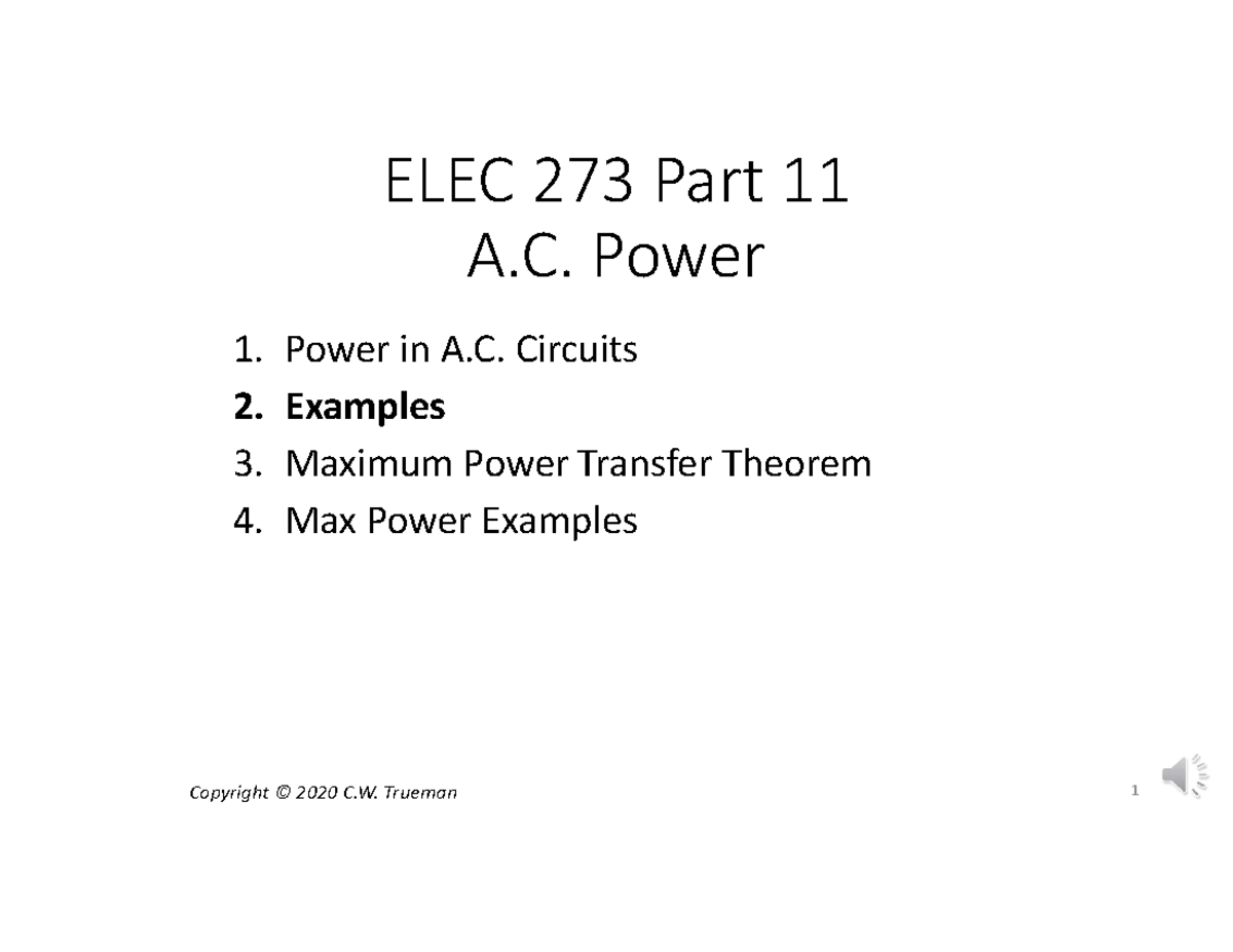 ELEC273 11 2 Power Examples - ELEC 273 Part 11 A. Power 1. Power in A. Circuits 2. Examples 3 ...