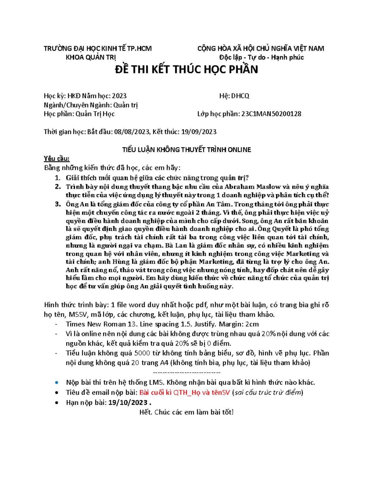 đề thi kthp QTH - cfg - TRƯỜNG ĐẠI HỌC KINH TẾ TP C퐃⌀NG H伃A X䄃̀ H퐃⌀I CHỦ NGH䤃̀ A VI쨃⌀T NAM KHOA ...